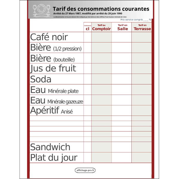 Affichage tarif des consommations courantes – Affichage-pro.fr